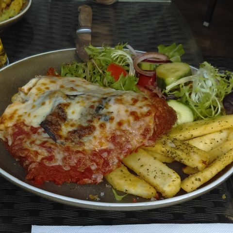 Chicken Parmigiana (Parma) With Salad and Hot Chips | Travellers Fare